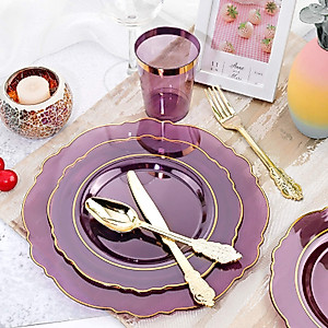 KIRE 210Pcs Purple Plastic Plates with Gold Rim& Silverware &Cups&Hand Napkin- Mardi Gras Plates - Baroque Clear Plastic Dinnerware for Upscale Wedding, Parties, Mothers Day, Easter