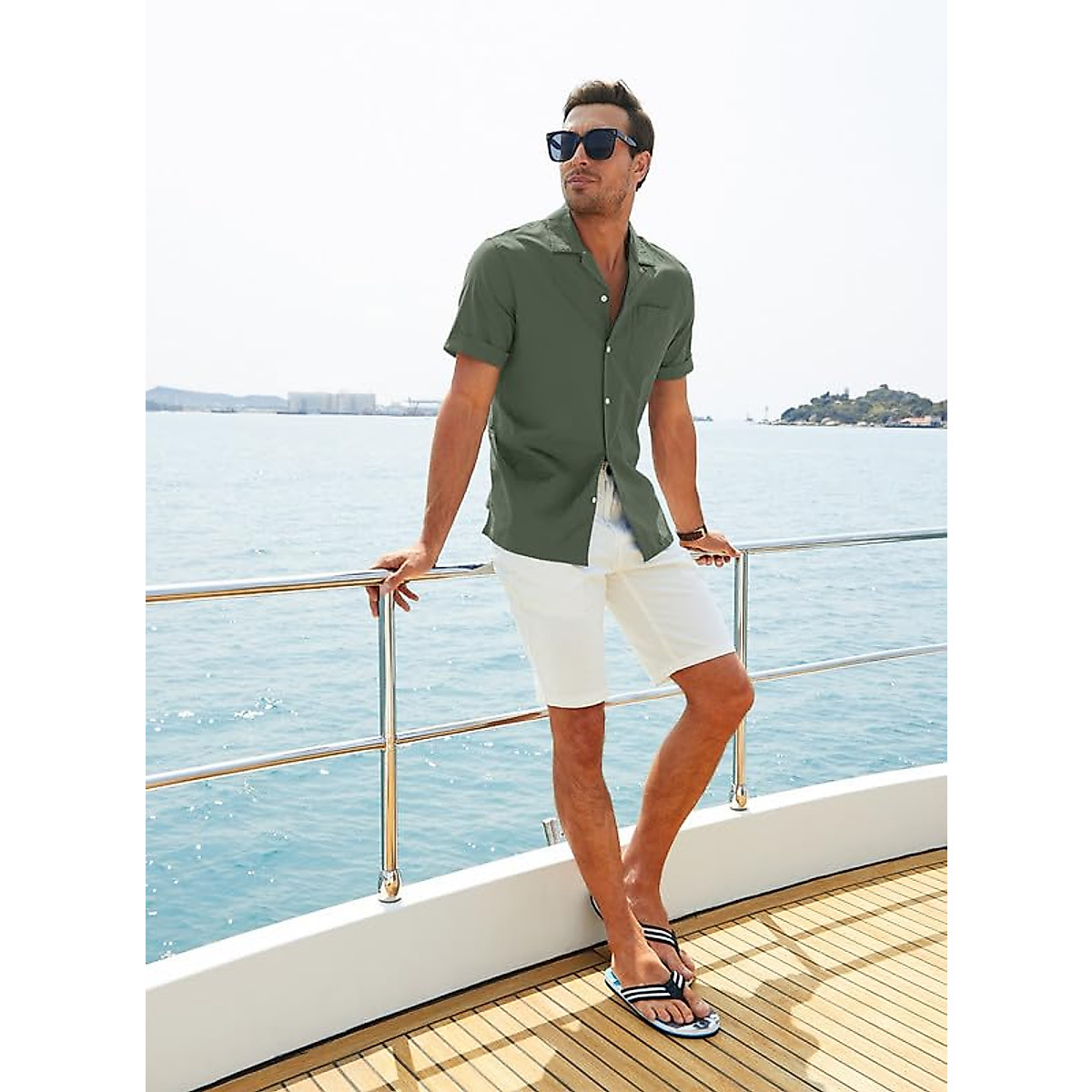 JMIERR Men's Cotton Linen Hawaiian Shirt - Casual Button Down, Cuban Collar, Short Sleeve, Pocket, US 43(L), Green