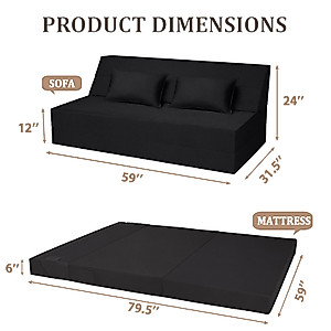 Youtanic 5 in 1 Folding Sofa Bed, Queen Size Convertible Sleeper Chair with Pillow, Memory Foam Futon Couch, Velvet Fabric Washable Mattress for Living Room, Dorm, Guest, Home Office, Apartment, Black