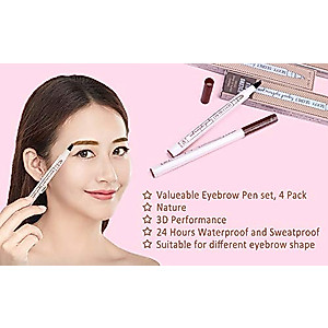Microblading Eyebrow Pen, 4 Pack Brow Pen Brown, 24 Hours Waterproof Tattoo Pen for Eyebrow, Micro-Fork Tip Brow Pencil, 3D Nature Brow Pen, Eyebrow Pencils