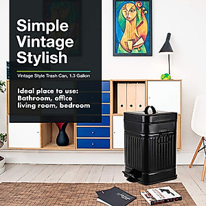 Bathroom Trash Can with Lid, Small Garbage Bin for Home Bedroom, Retro Step Wastebasket with Soft Close, Vintage Metal Office Trash Can, 5 Liter/ 1.3 Gallon, Glossy Black