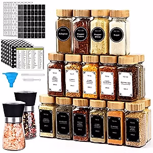 VIVAIVE Spice Jars with Labels,24 Pcs 4oz Glass Spice Jars with Bamboo Lid and 648 Waterproof Printed Labels,2 Salt and Pepper Grinder Set,Empty Spice Containers Bottles for Pantry,Cabinet,Drawer
