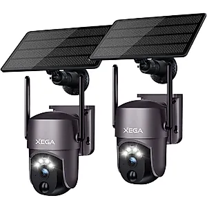Xega 2 Pack Security Camera Wireless Outdoor 2K 360° PTZ Camera Solar Security Cameras for Home Surveillance 2.4G WiFi Spotlight & Siren Color Night Vision PIR Motion Detection 2-Way Talk IP66
