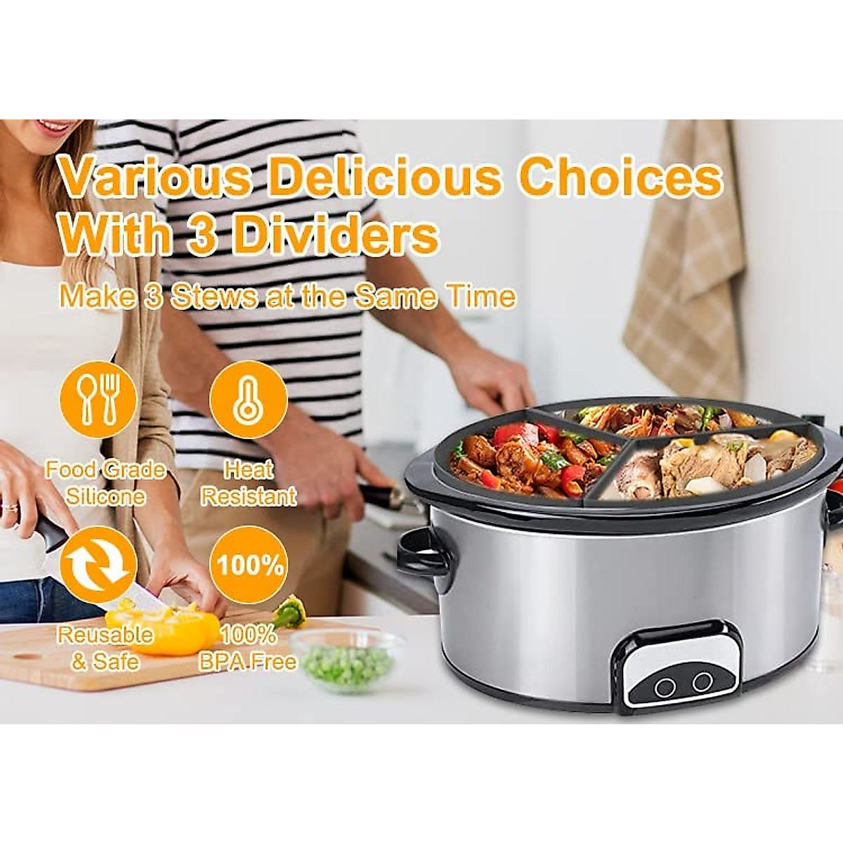 Melon Melo 3-PCS Silicone Crockpot Divider Insert | Mini Crock Pot Divider | Small Crockpot | Slow Cooker Reusable Leak-proof, Dishwasher Safe for all 6-8 Quart QT Crockpot Cookers Accessories