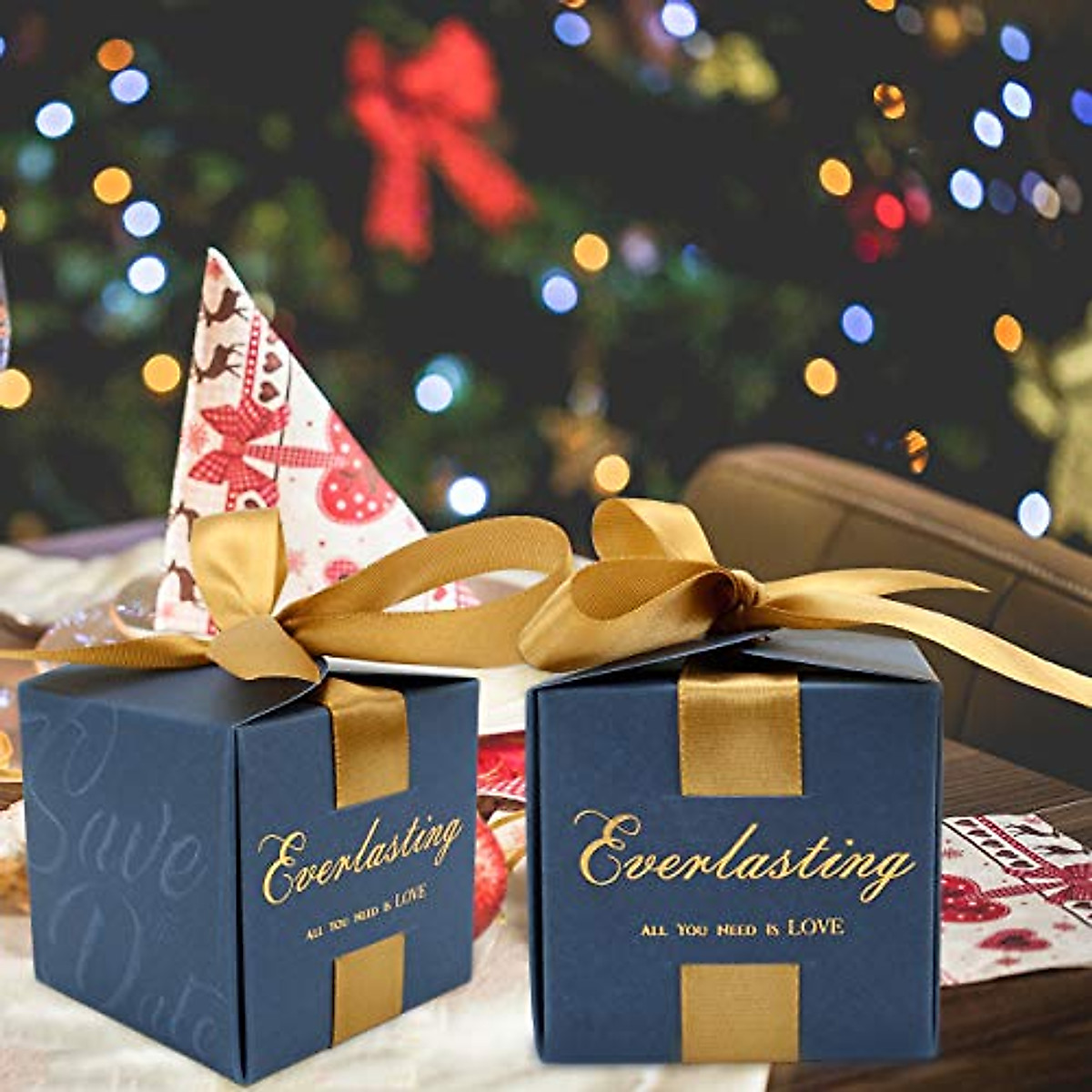 Yoption 50pcs Wedding Party Favor Boxes, Navy Blue Wedding Birthday Candy Boxes, Chocolate Treat Gift Boxes with Ribbon for Wedding Bridal Baby Shower Birthday Party Decoration, 2.5X2.5 X2.5 inches