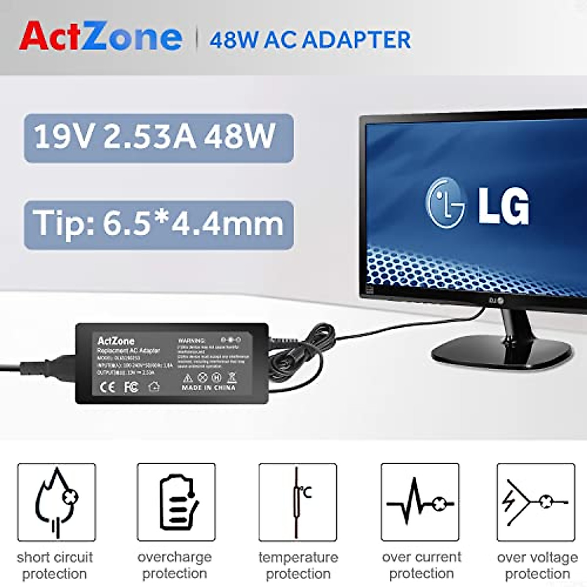 DC 19V Power Cord TV Charger for LG Electronics 19" 20" 22" 23" 24" 27" LED LCD Monitor Widescreen HDTV 24M47H-P 24MP55HQ, Samsung 32" J5205 J5003 H5000 UN32J4000 UN32J4000AF UN32J5205 A4819-FDY