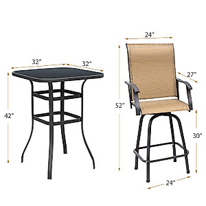 Devoko Patio Swivel Bar Set 3 Pieces Patio High Top Bar Table and Stools Chairs Set Textilene Sling Fabric Outdoor Bar Stools Set of 2 for Garden, Balcony