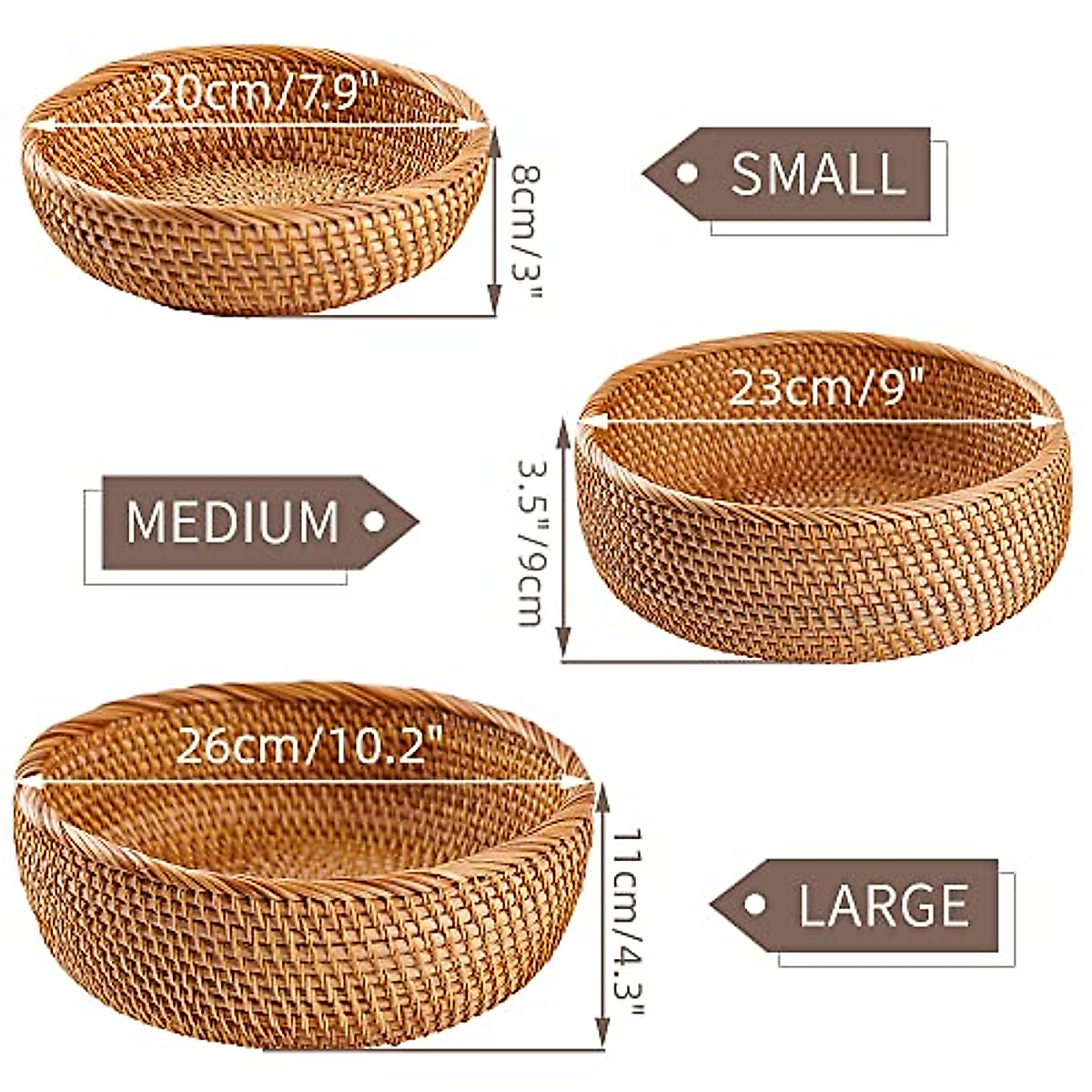 FIYAMMY Rattan Bread Baskets, Rattan Round Fruit Baskets, Natural Wicker Storage Bowls Decorative Baskets for Kitchen Set of 3