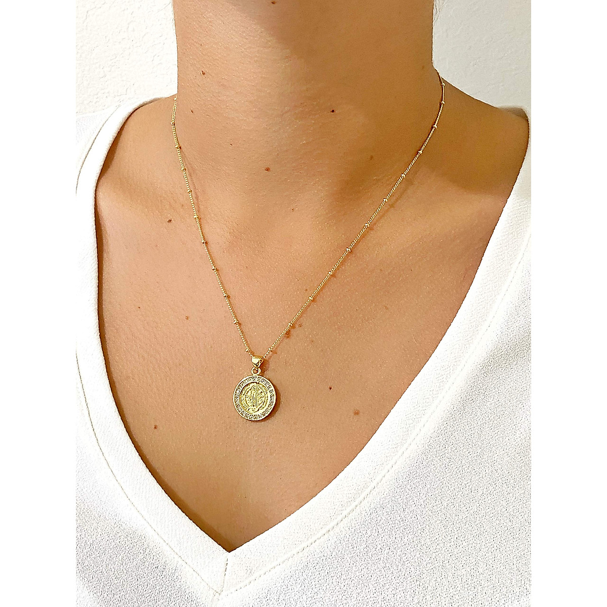 LESLIE BOULES 18K Gold Plated Saint Benedict Pendant Necklace Religious Jewelry for Women