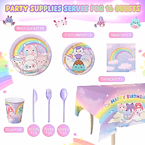 CAILESS Kawaii Squish Birthday Party Supplies, 117Pcs Cute Kitty Animal Party Decoration Include Plates Cups Napkins Cutlery Tablecloth Disposable Set Serves 16 Guests for Kids Birthday Party