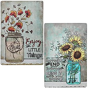 TISOSO Two Glass bottle Floral Sunflowers Poppies Metal Tin Sign Wall Art Decor for Living Room Vintage Art Coffee Bar Signs Home Decor Gifts Decoration 2pcs-8x12inch
