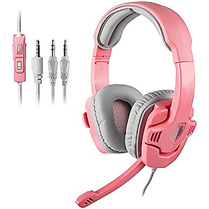SADES SA708GT Stereo Gaming Headset for Xbox One, PS4, PC, Mobile, Noise Cancelling Over Ear Headphones with Mic & Bass Surround Soft Memory Earmuffs for Laptop Nintendo Switch Games-Pink