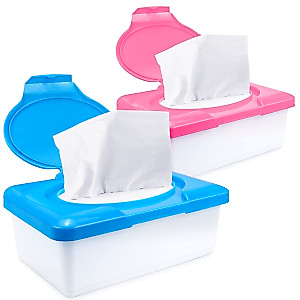 DOERDO 2PCS Baby Wipe Dispenser with Lid Tissue Case Tissue Storage Box Keeps Baby Wipes Fresh and Safe Napkin Storage Box (Blue)