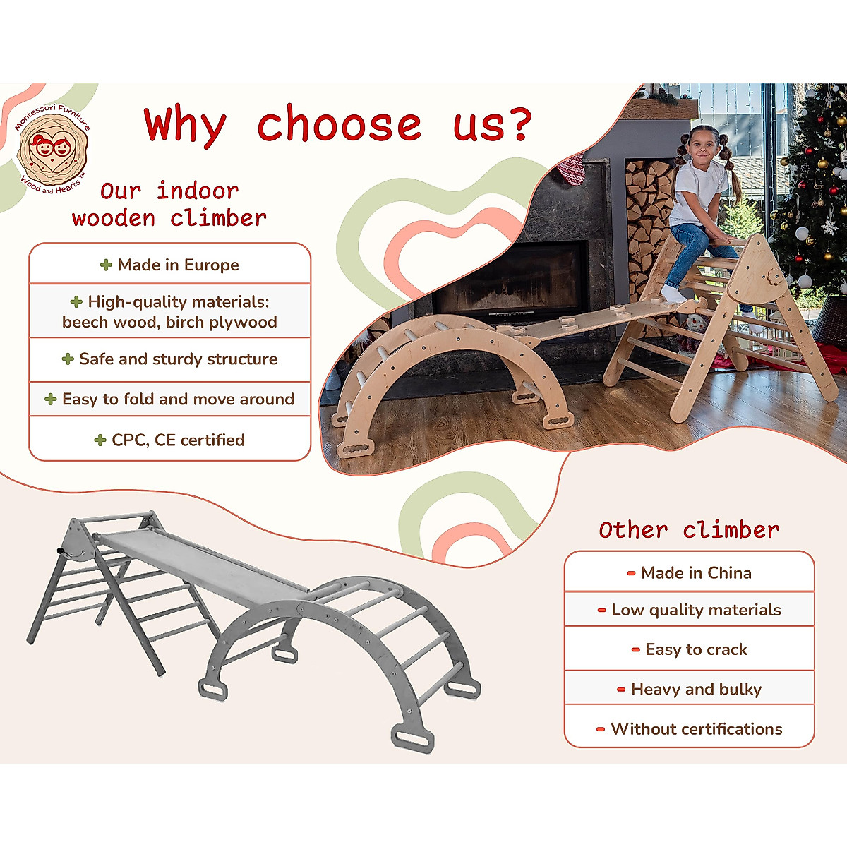 WoodandHearts Montessori Climbing Set - Foldable Triangle Climber with Slide, Ramp, Arch - Wooden Toddler Climbing Toys Indoor Playground Jungle Gym for Kids Age 2-8