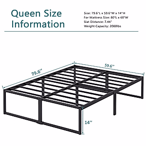XINXINYAN 14 Inch Queen Bed Frame, No Box Spring Needed, Heavy Duty Metal Platform Queen Size Bed Frame, Strong Steel Slats Support, Noise Free, Easy Assembly, Black