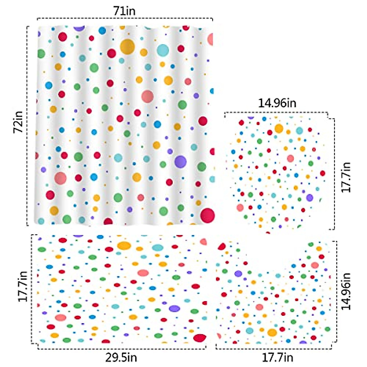 4 Pcs Rainbow Polka Dot Shower Curtain Set, Colorful Abstract Circles Bathroom Sets with Shower Curtain and Rugs, Bath Curtain and Bath Mat, Toilet Lid Cover and U Shaped Rug, 12 Hooks, SETLSSD265