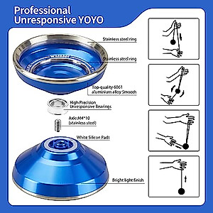 WATIEOBOO Bi-Metal Yoyo with 4 Stainless Steel Rings, Professional Unresponsive Yoyo for Adults Advanced Players, Incredible Drive Performance and Idling Capability (6Black Blue)