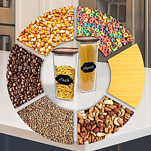 Essos Square Glass Jars with Wood Lids Set of (4) 36 fl oz Airtight and Stackable Storage Containers for Kitchen Pantry or Bathroom BPA Free and Recyclable Canister for Food Cookies Coffee Pasta Sugar