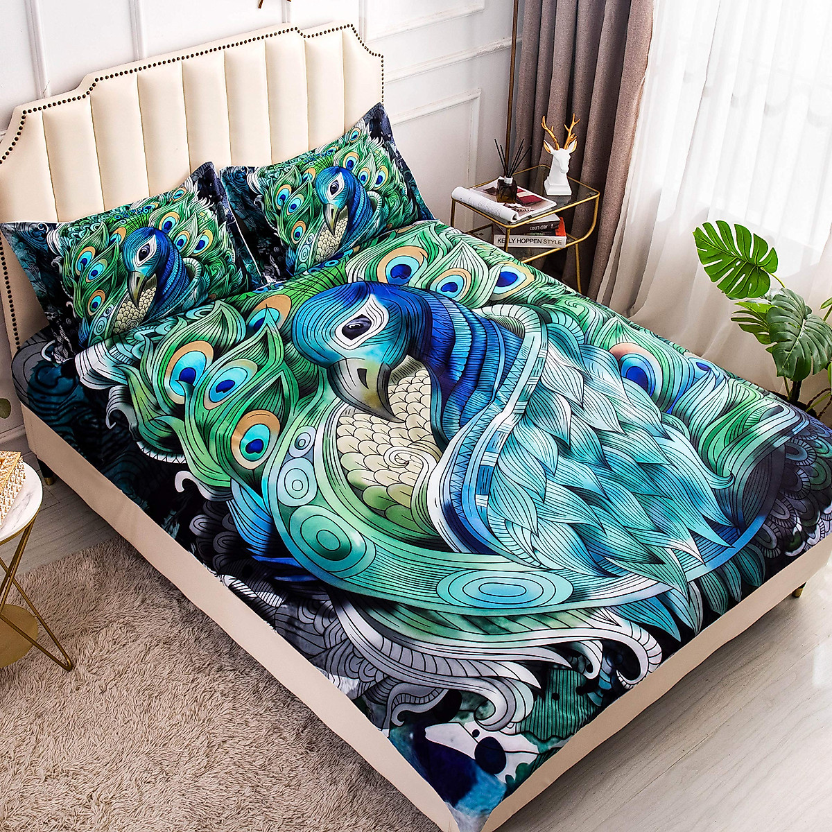 Suncloris,3D Bedding Duvet Cover Sets,Peacock in his Pride Home Bedding Set.Included: Duvet Cover,Pillowcase(no Comforter Inside) (Queen)