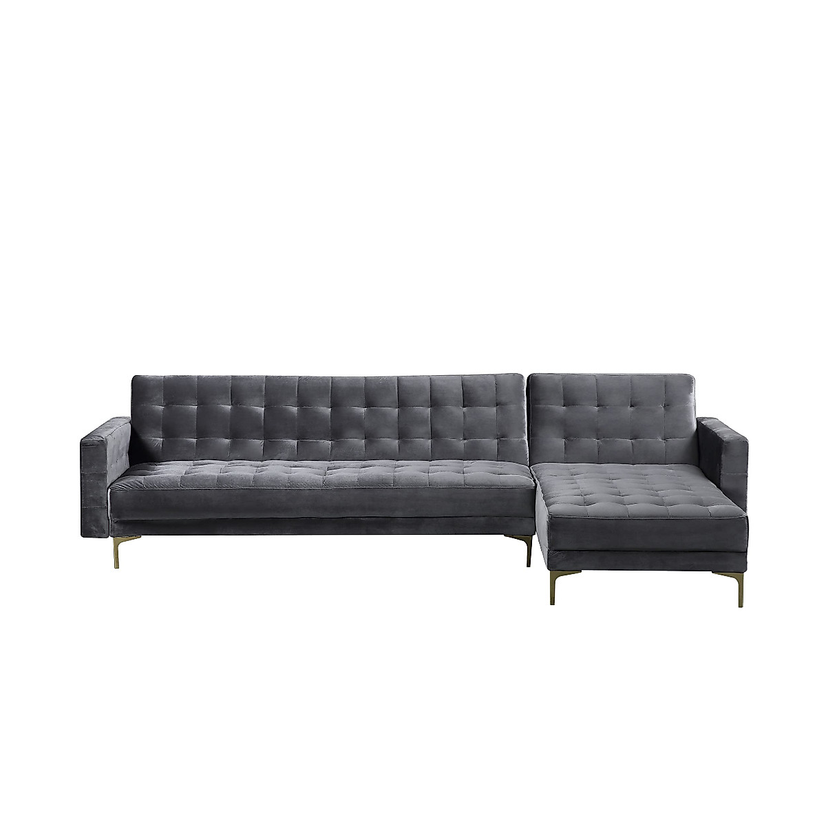 Iconic Home Amandal Convertible Sofa Sleeper Bed L Shape Chaise Tufted Velvet Upholstered Gold Tone Metal Y-Leg Modern Contemporary, Right Facing Sectional, Grey Velvet