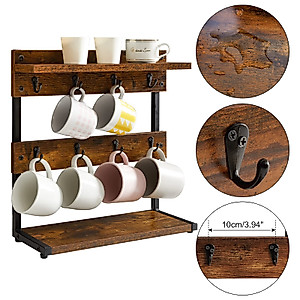 IBUYKE Rustic Coffee Mug Holder Stand, 2 Tier Countertop Mug Tree Holder Rack with Storage Base, Vintage Mug Holders for Kitchen, Holds 8 Mugs, Rustic Brown UTBJ002H