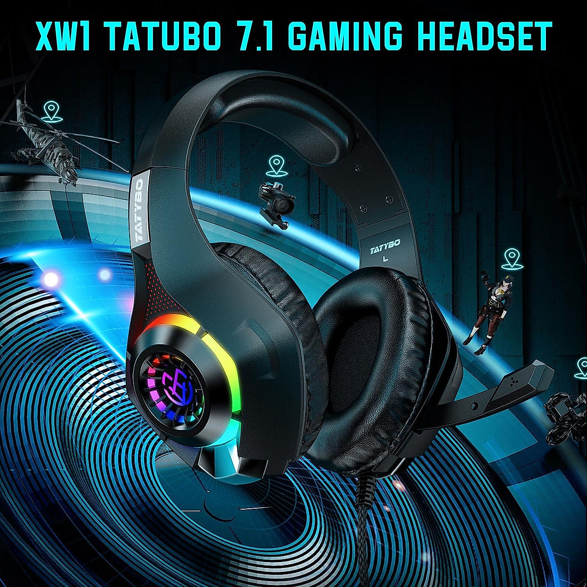 Tatybo Gaming Headset for PS4 PS5 Switch Xbox One PC with RGB Light, Noise Canceling Mic, Surround Sound Gaming Headphones