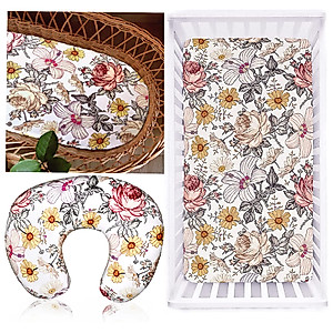 Boho Bassinet Sheet,Crib Sheet Jersey Cotton,Floral Nursing Pillow Cover, Breastfeeding Pillow Slipcover for Baby Girl