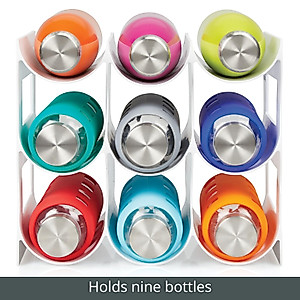 mDesign Plastic Free-Standing Water Bottle Organization/Wine Rack Storage Organizer for Kitchen Countertops, Cabinet, Bin, Pantry, Fridge, Refrigerator, 3 Tiers, 9 Bottles, Lumiere Collection - White