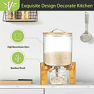 Csyidio Flour and Cereal Container, Rice Dispenser 5L, Wooden Stand and Measuring Cup, Airtight Lid Cereal Dry Food Storge Container for Kitchen Pantry Organization