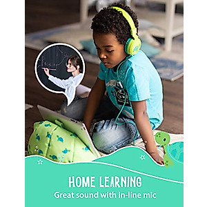 Planet Buddies Kids Headphones, Wired Headphones with Microphone for Kids, Volume Safe Foldable On Ear Earphones for School, Travel, Phone, Kindle - Green Turtle