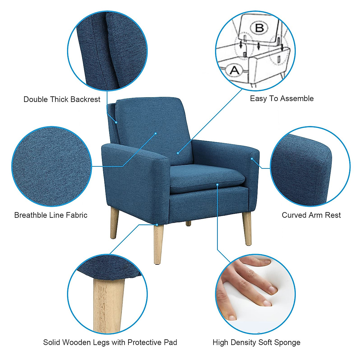 Lohoms Modern Accent Fabric Chair Single Sofa Comfy Upholstered Arm Chair Living Room Furniture Navy Blue