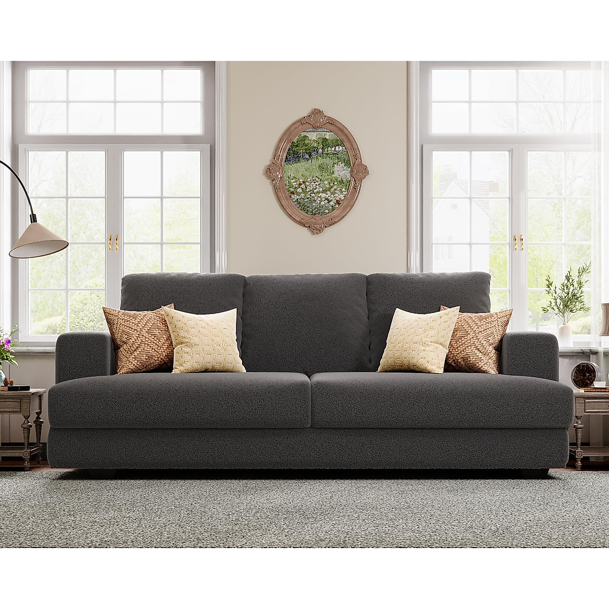 VanAcc Sofa, 3 Seater Comfy Couch Sofa- Extra Deep Seated Oversized Sofa, 97" Contemporary Couches for Living Room, Bedroom and Office (Grey,Bouclé)