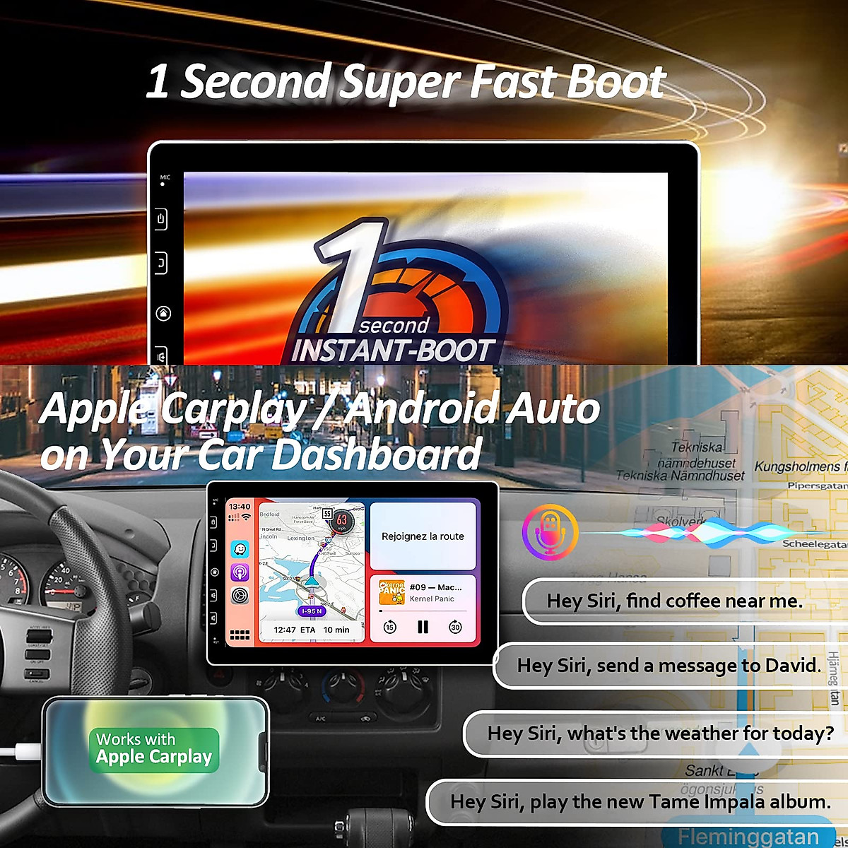 Double Din Car Stereo - 10 inch Touchscreen Car Radio Bluetooth Multimedia Player with Backup Camera Compatible with Carplay, Android Auto, Mirror Link