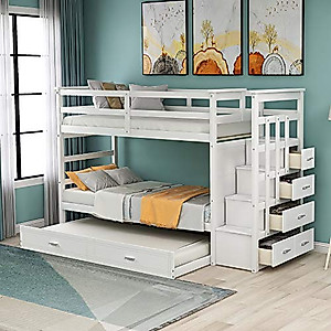 Bunk Bed Twin Over Twin, Bunk Bed with Trundle for Adults, Bunk Bed with Stairs and Storage, Kids Twin Bunk with Drawers(White)