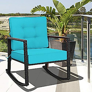 Hypeshops Patio Rattan Rocker Chair Outdoor Glider Wicker Rocking Chair Turquoise Cushion