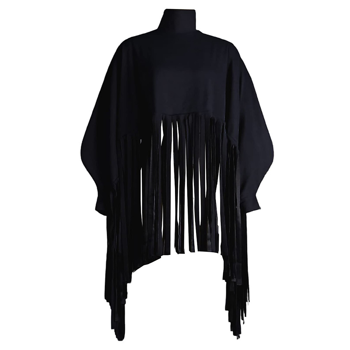 Lucuna Women Fall Winter Casual Sweatshirt Fringe Crop Top High Neck Long Sleeve Cape Coat Pullover Tops