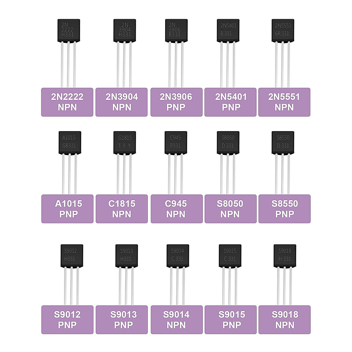 LARSEBEI 600-Piece 15 Values Transistors Assortment Kit Box Including 2N2222-S9018 NPN PNP Power General Purpose Transistors