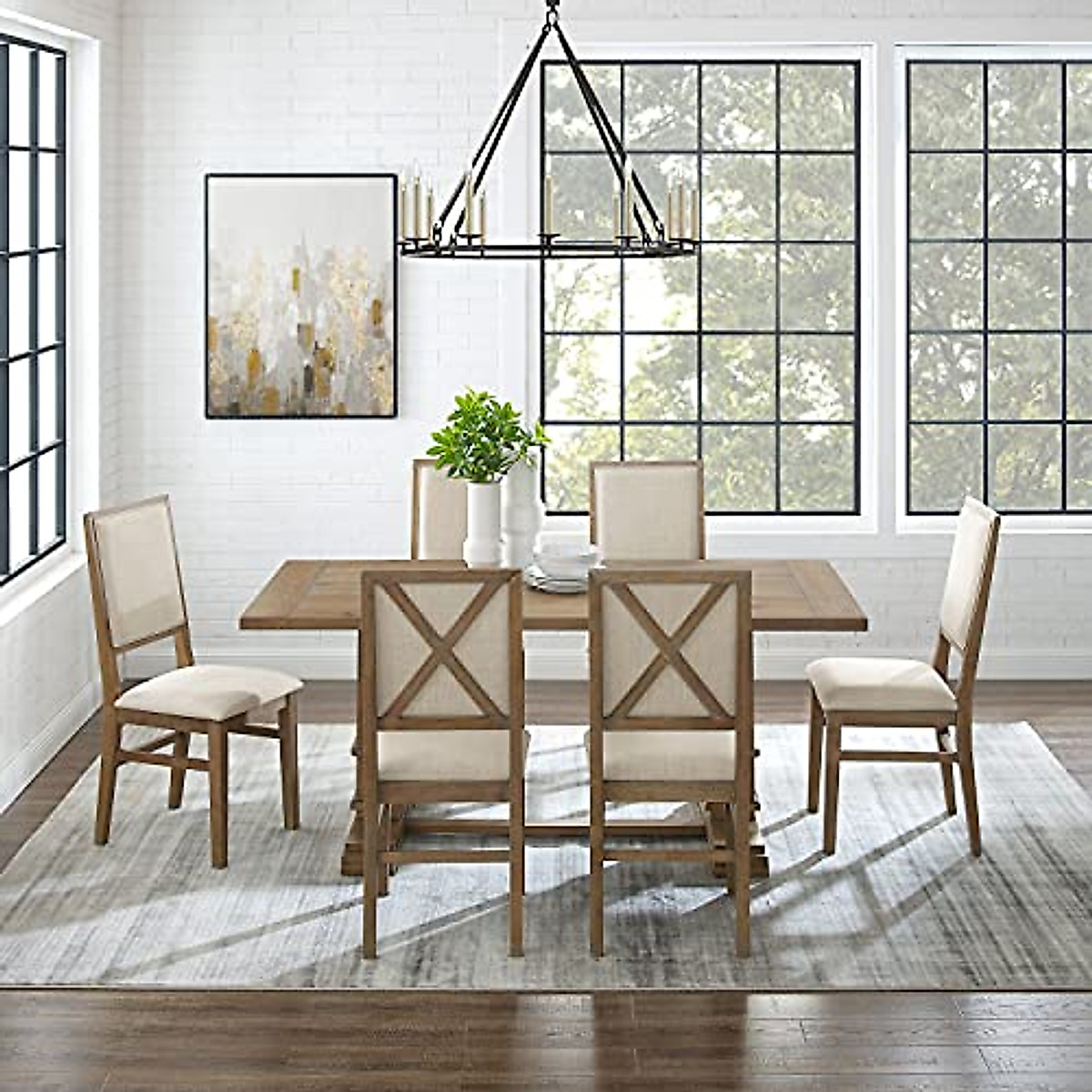 Crosley Furniture Joanna 7-Piece Dining Set with Table and 6 Upholstered Back Chairs, Rustic Brown/Creme