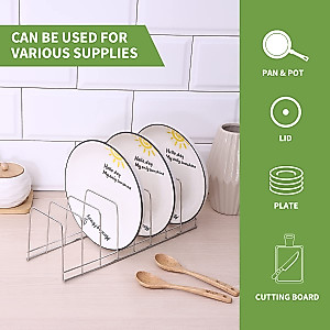 4Pcs Plate Organizer for Cabinet,Pot Lid Organizer Pot Lid Rack Holder Rest Storage for Cutting Boards,Bakeware,Cooling Racks,Pots & Pans,Serving Trays and Reusable Containers(Stainless Steel)