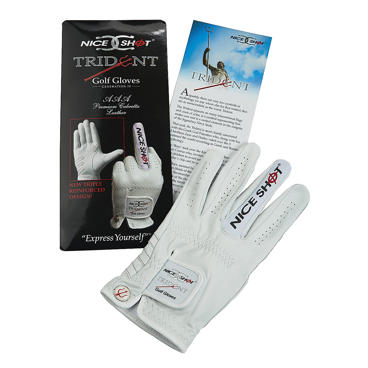 Nice Shot Trident Golf Glove with Power Grip Strips in Premium White Cabretta Leather Men's Left Hand - XLarge