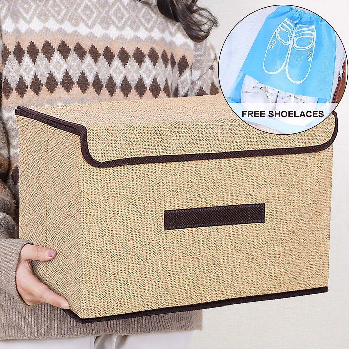 Fabric storage boxes and storage boxes, with handles and flip design, large foldable boxes, used to store books, clothes, toys, family bedroom closets, office storage bags. (2 pieces in beige)