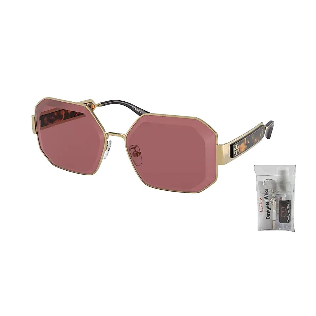 Tory Burch TY6094 330475 60MM Shiny Gold/Plastic Lens Solid Bordeaux Metal Hexagon Sunglasses for Women + BUNDLE With Designer iWear Eyewear Kit