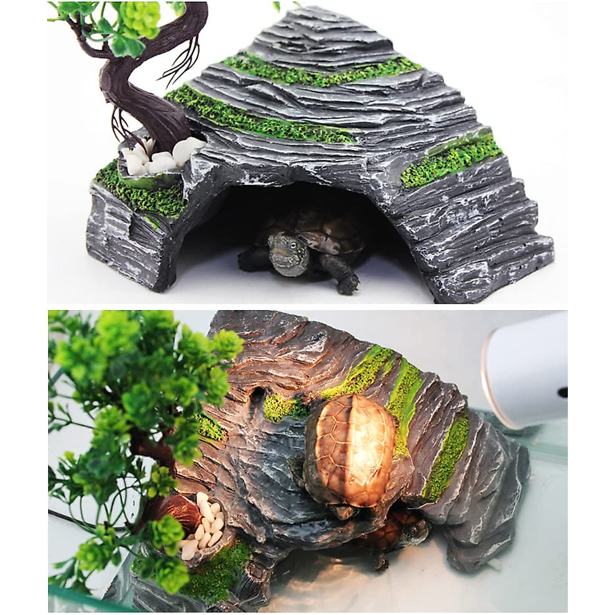 Reptile Simulation Rock Hide-Resin Amphibian Hideouts Cave Size 3.94'' x 1.77'' with Plastic Tree 7.87'',Habitat for Bearded Dragon Turtles Lizards Snakes Crab Gecko Leopard Spider Fish