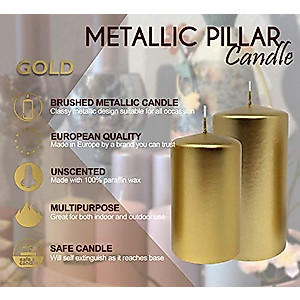Hyoola Metallic Pillar Candles - 6 Pack - Gold Pillar Candles - European Made Decorative Pillar Candles - 2.4 Inch x 4 Inch