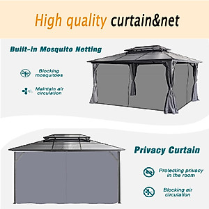 10'x13'Hard top Gazebo Patio Pavilion Double Room PC Roof Canopy Outdoor Aluminum Frame Permanent Metal Pavilion with Net and Curtain, Suitable for Backyard, Garden, Lawn (Grey)