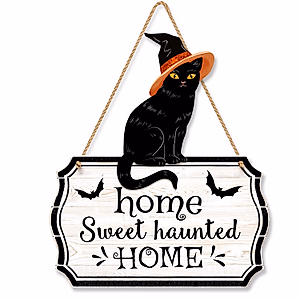 Halloween Decorations 3D Black Cat Door Hanger Home Sweet Haunted Home Wooden Door Sign Rustic Wall Decor Spooky Welcome Sign for Haunted House Halloween Party Outdoor Indoor Decorative Signs