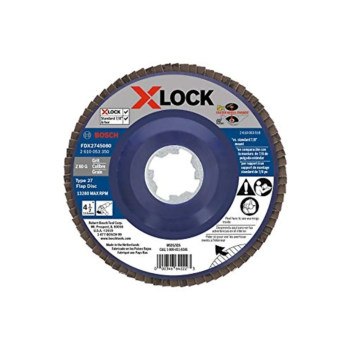 Bosch GWX10-45PE 4-1/2 In. X-LOCK Ergonomic Angle Grinder with Paddle Switch with Bosch FDX2745080 4-1/2 In. X-LOCK Arbor Type 27 80 Grit Flap Disc