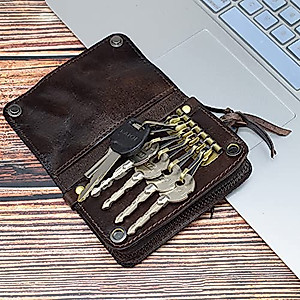 Genuine Leather Keychain Key Case,MoreChioce Card Holder Wallet Cowhide Leather Smart Keychain Protector Cover Key Organizer Card Case with 6 Hooks and Zipper,Coffee Color