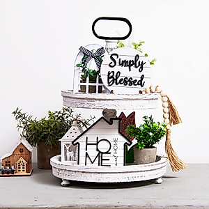 Houmury Set of 9 Farmhouse Tiered Tray with Tier Tray Decor 1 Artificial Succulent Plant & 1 Artificial Plant for Rustic Home Sweet Home Kitchen Decor Tier Tray Decor Set (Set of 9-with Tiered Tray)