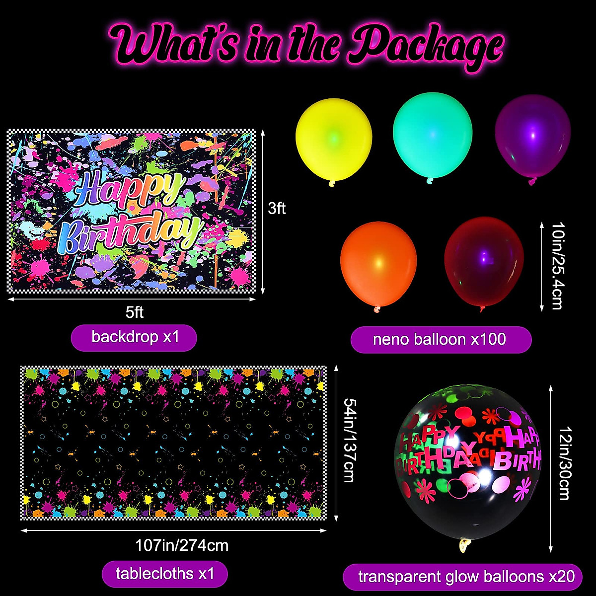 126 Pieces Neno Glow in The Dark Birthday Party Supplies Includes Graffiti Splash Paint Background, Glow Party Table Covers, Neon Glow Balloons and Transparent Fluorescent Glow Rubber Balloons